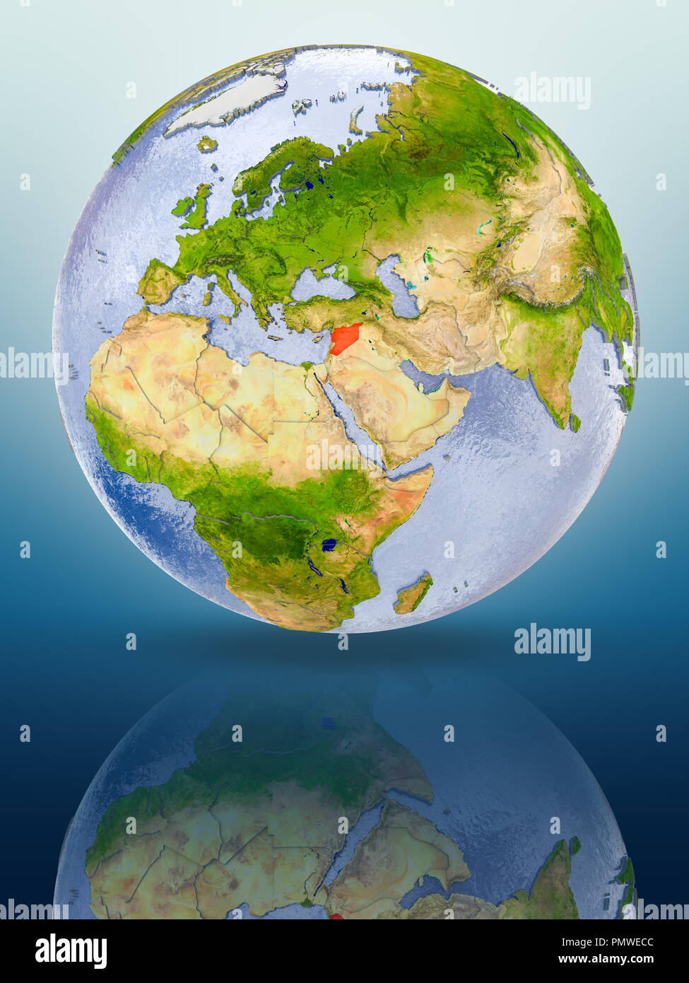 Syria In red color on globe reflecting on shiny surface. 3D ...