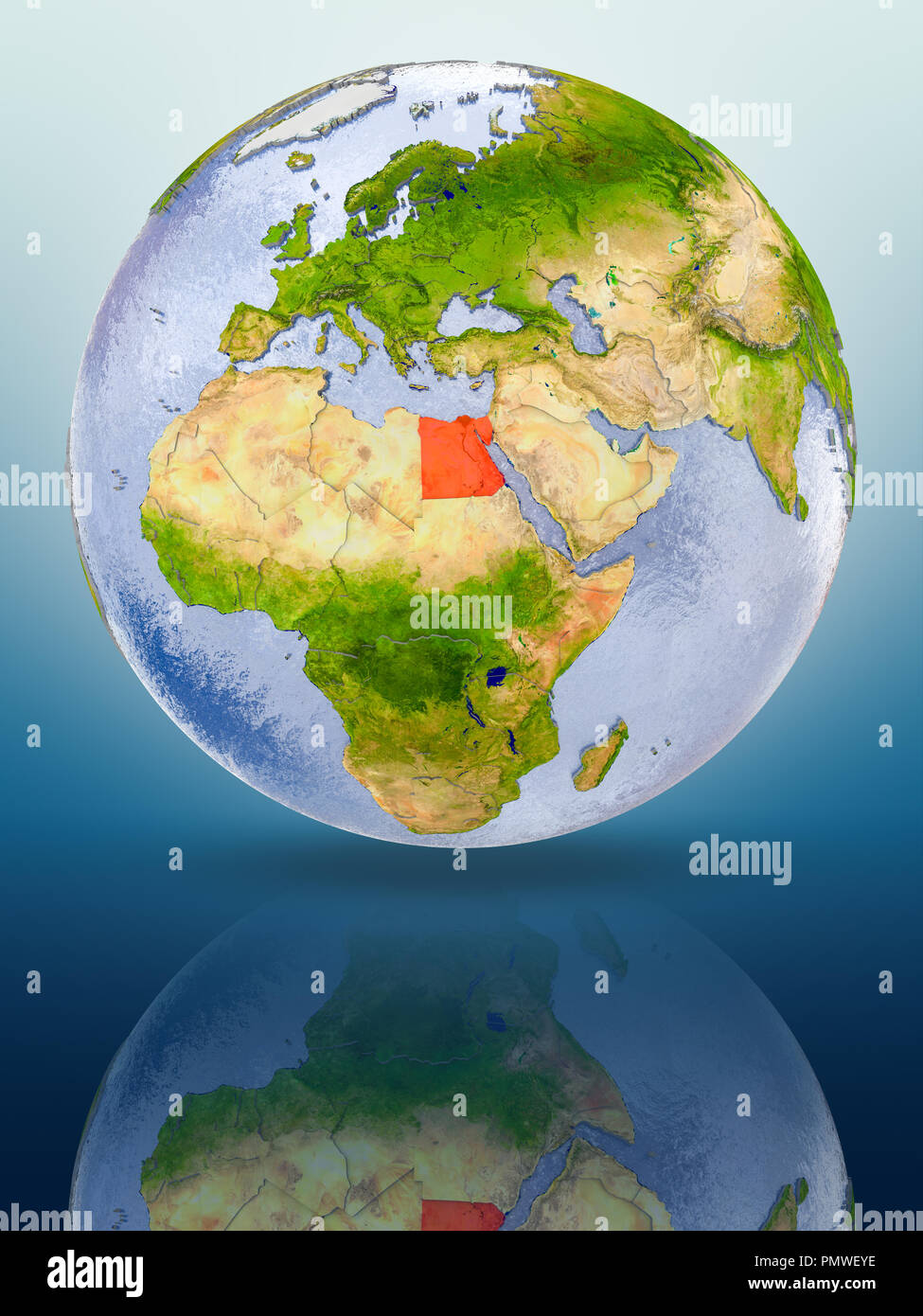 Egypt In red color on globe reflecting on shiny surface. 3D ...