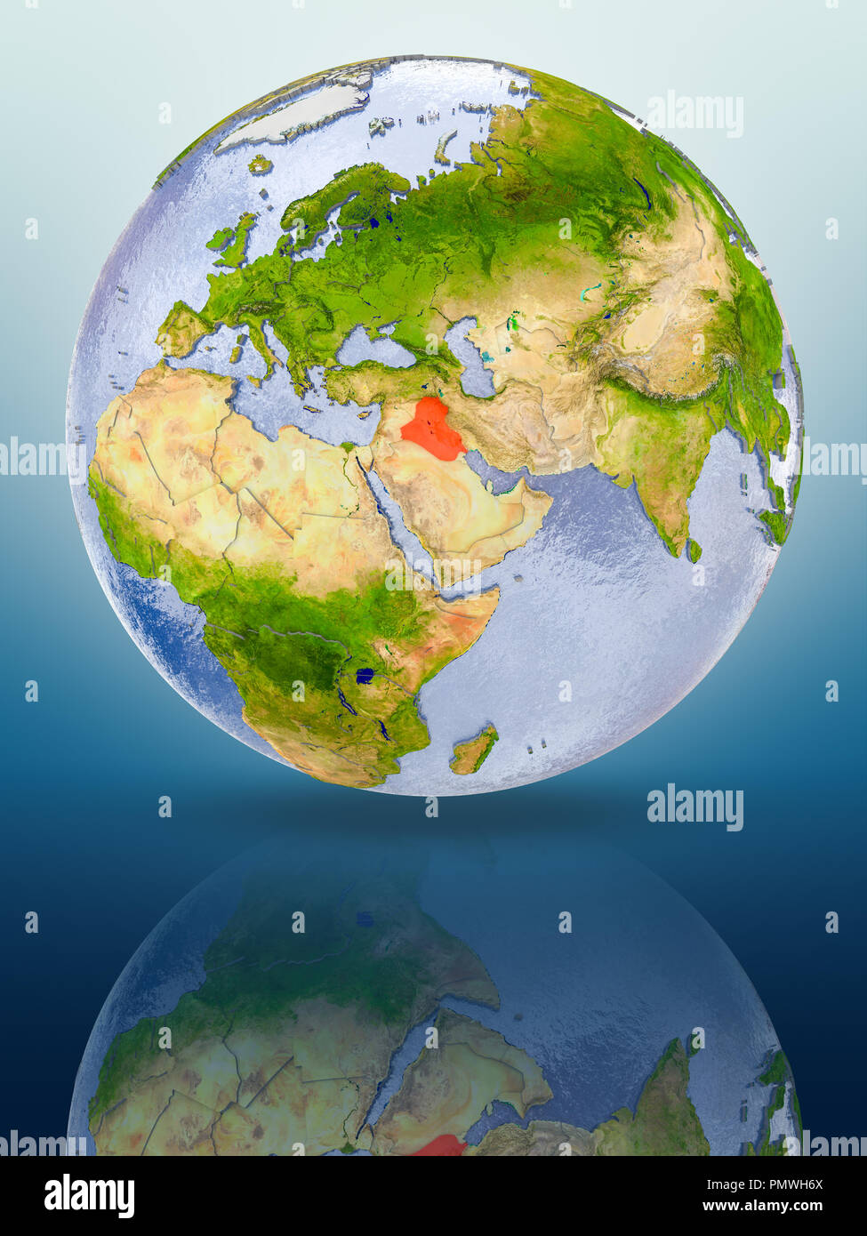 Iraq In red color on globe reflecting on shiny surface. 3D illustration ...