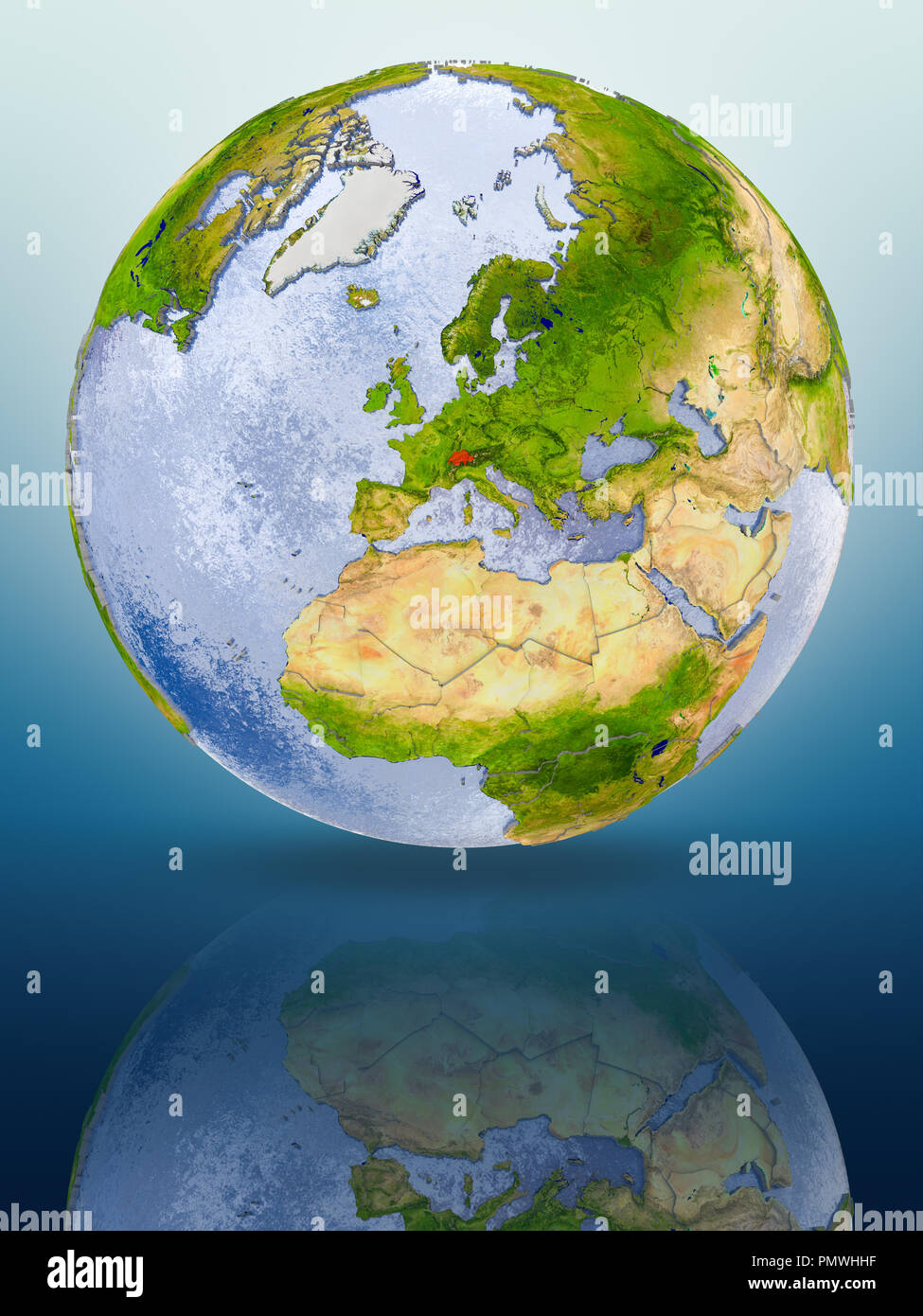 Switzerland In red color on globe reflecting on shiny surface. 3D ...