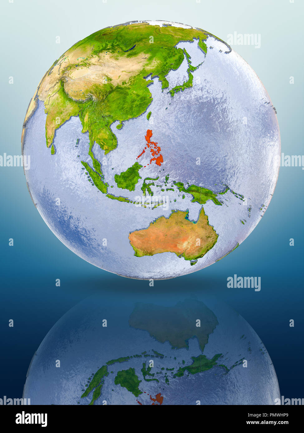 Philippines In red color on globe reflecting on shiny surface. 3D ...