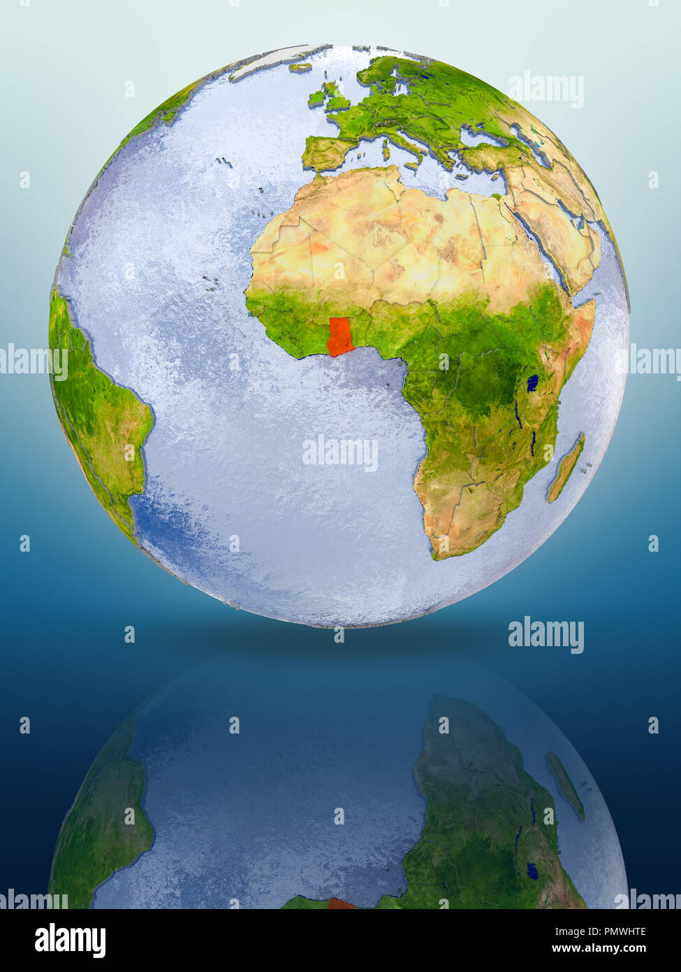 Ghana In red color on globe reflecting on shiny surface. 3D ...