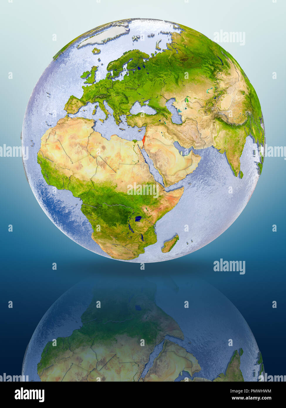 Israel In red color on globe reflecting on shiny surface. 3D ...