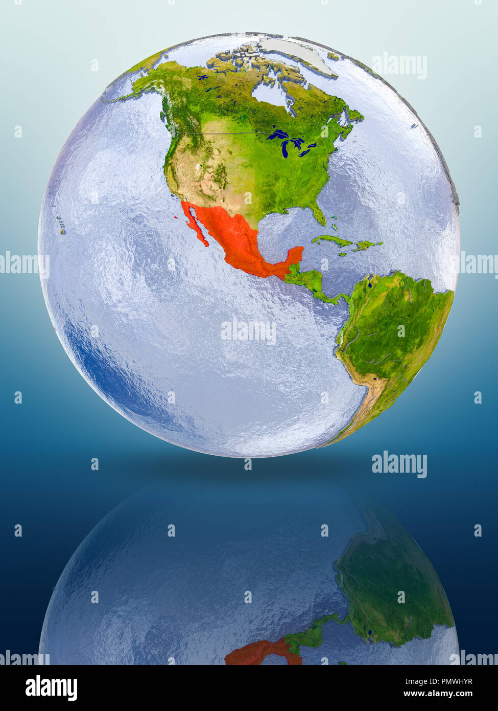 Mexico In red color on globe reflecting on shiny surface. 3D ...