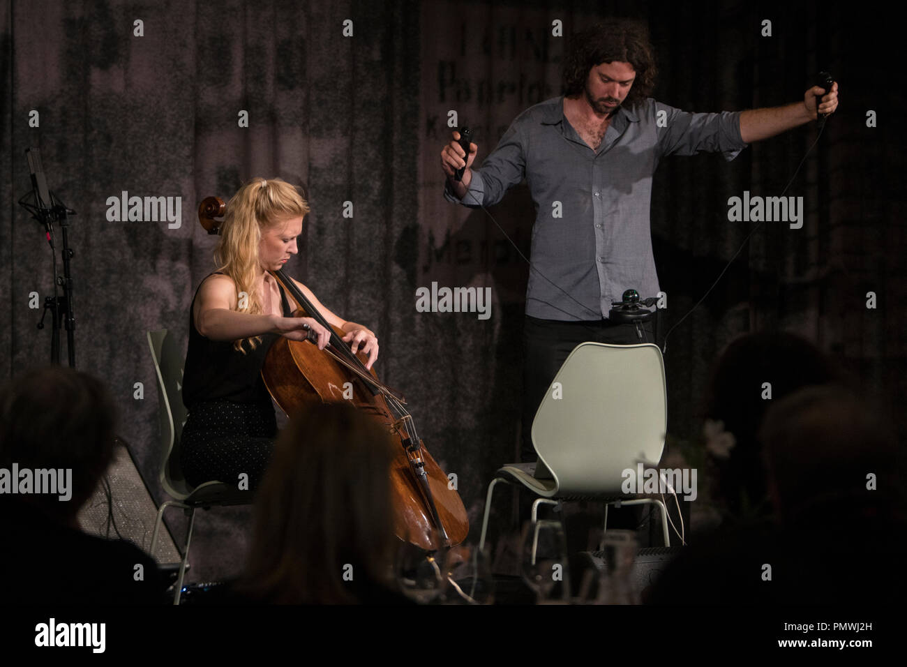 Norway, Bergen - May 25, 2018. Musicians Alon Ilsar (air sticks) and ...