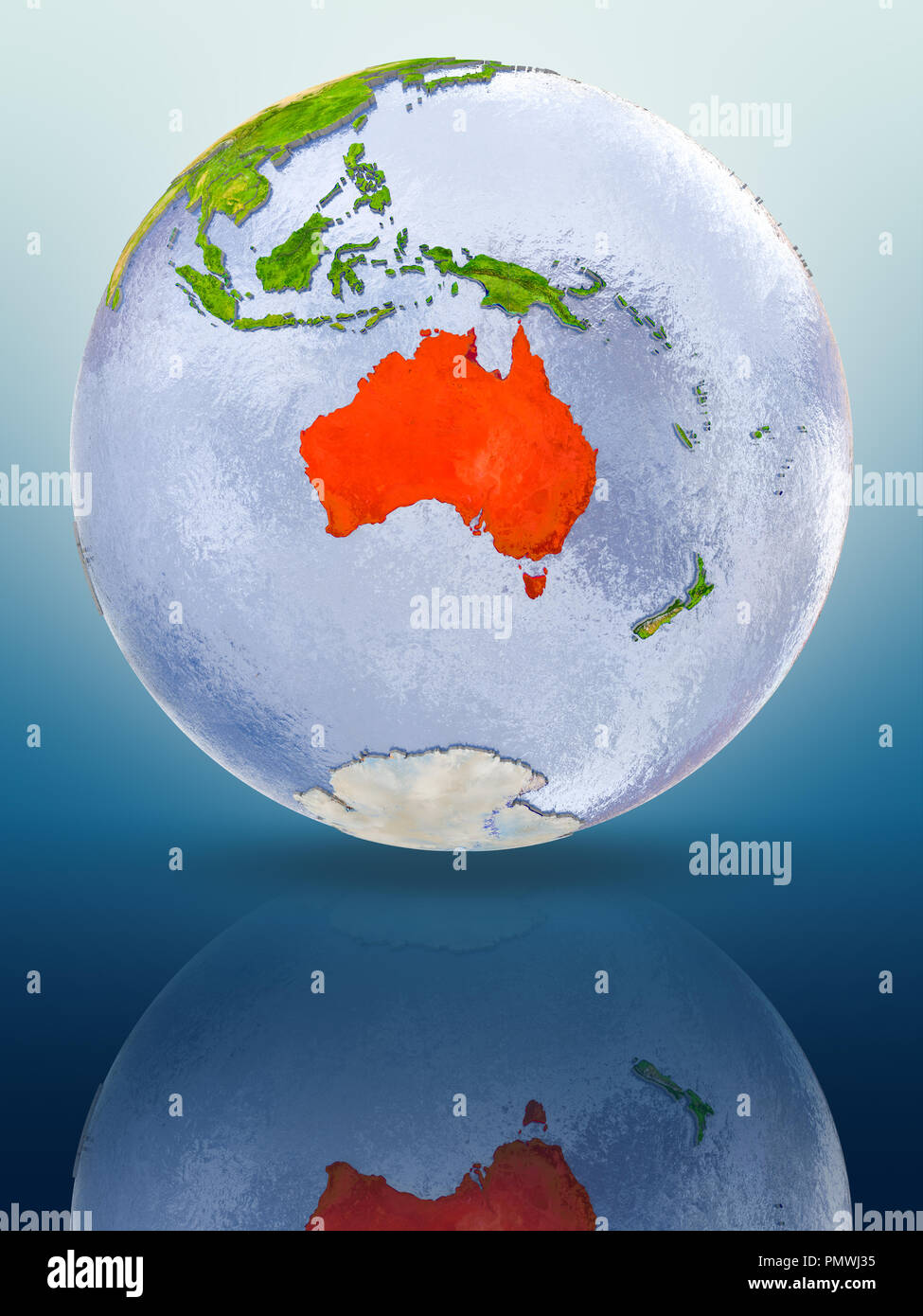 Australia In red color on globe reflecting on shiny surface. 3D ...