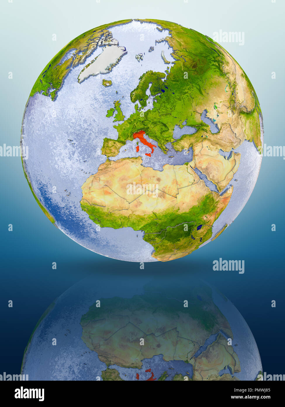Italy In red color on globe reflecting on shiny surface. 3D ...