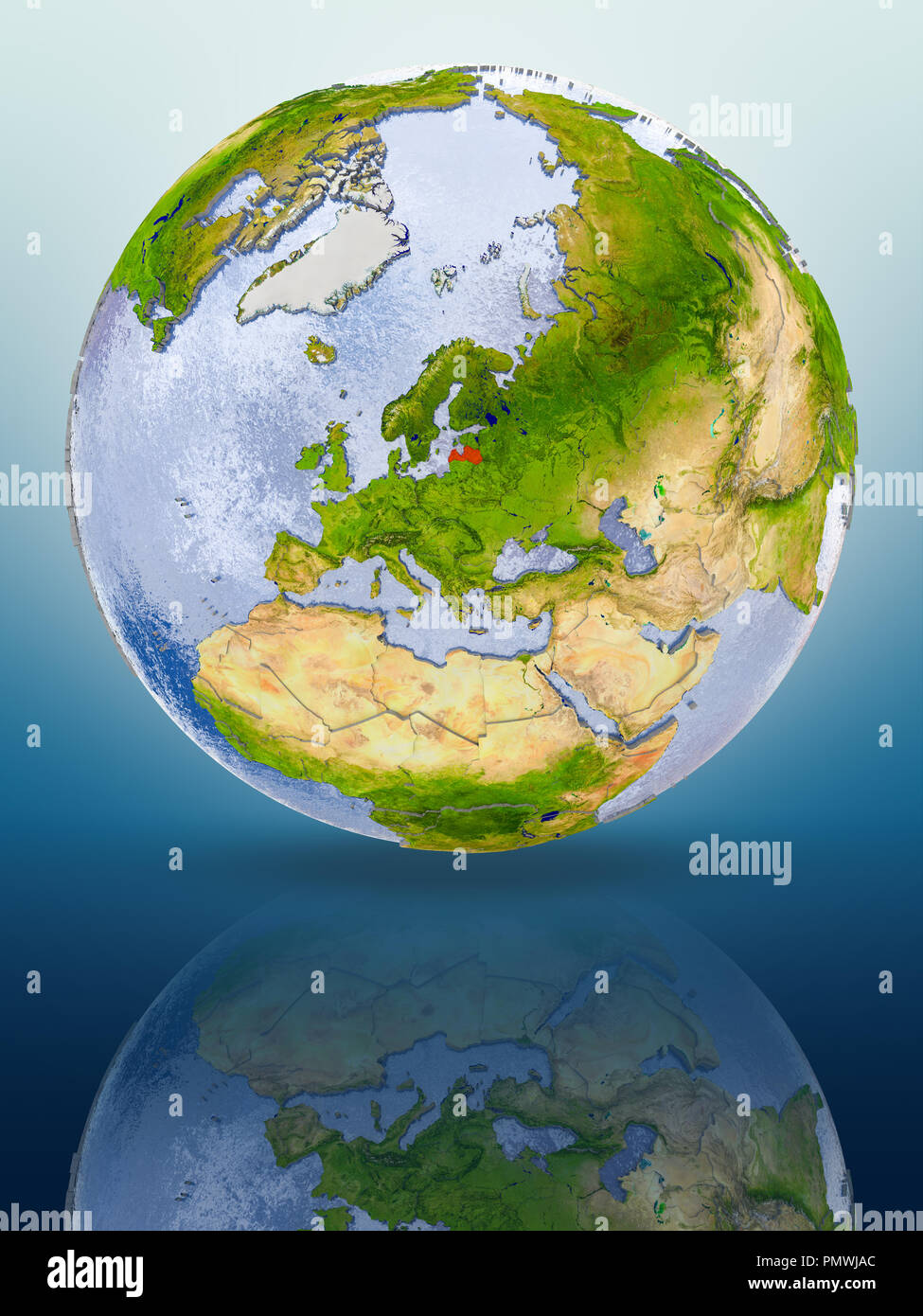 Latvia In red color on globe reflecting on shiny surface. 3D ...