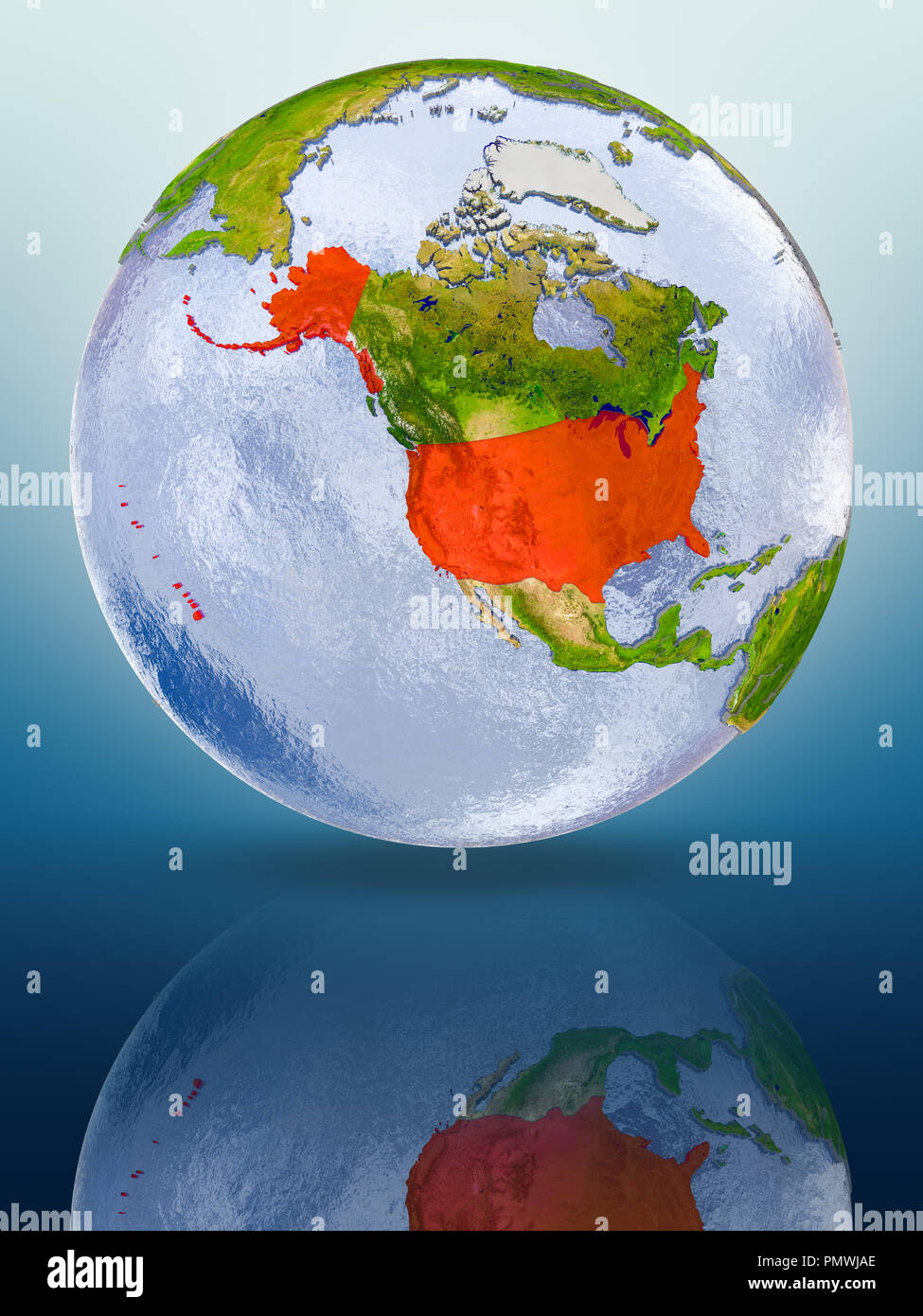 USA In red color on globe reflecting on shiny surface. 3D illustration ...