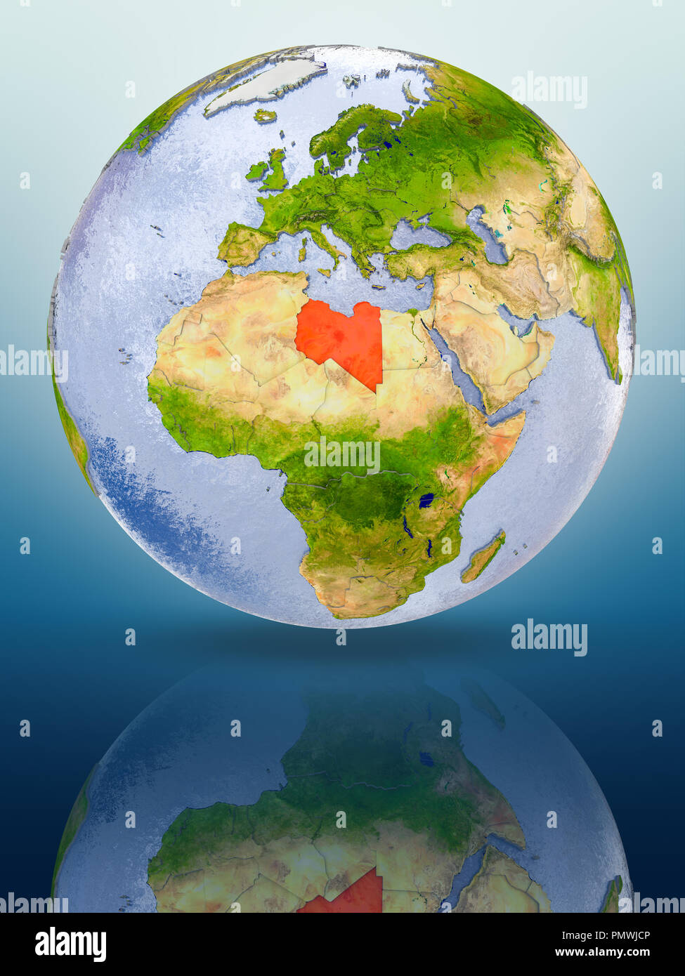 Libya In red color on globe reflecting on shiny surface. 3D ...