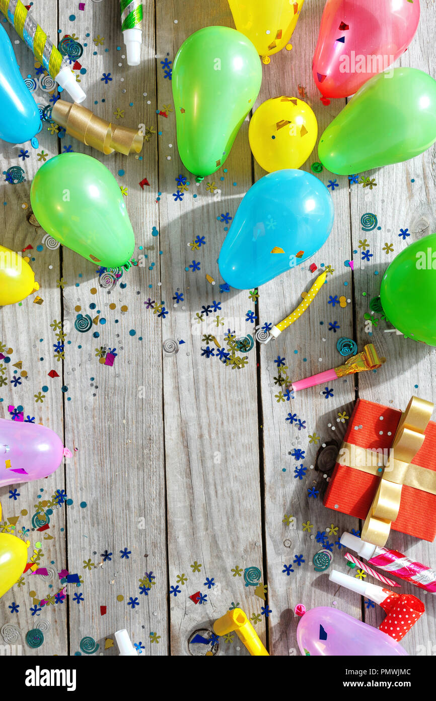 Frame of various decoration party on wooden background. Top view ...