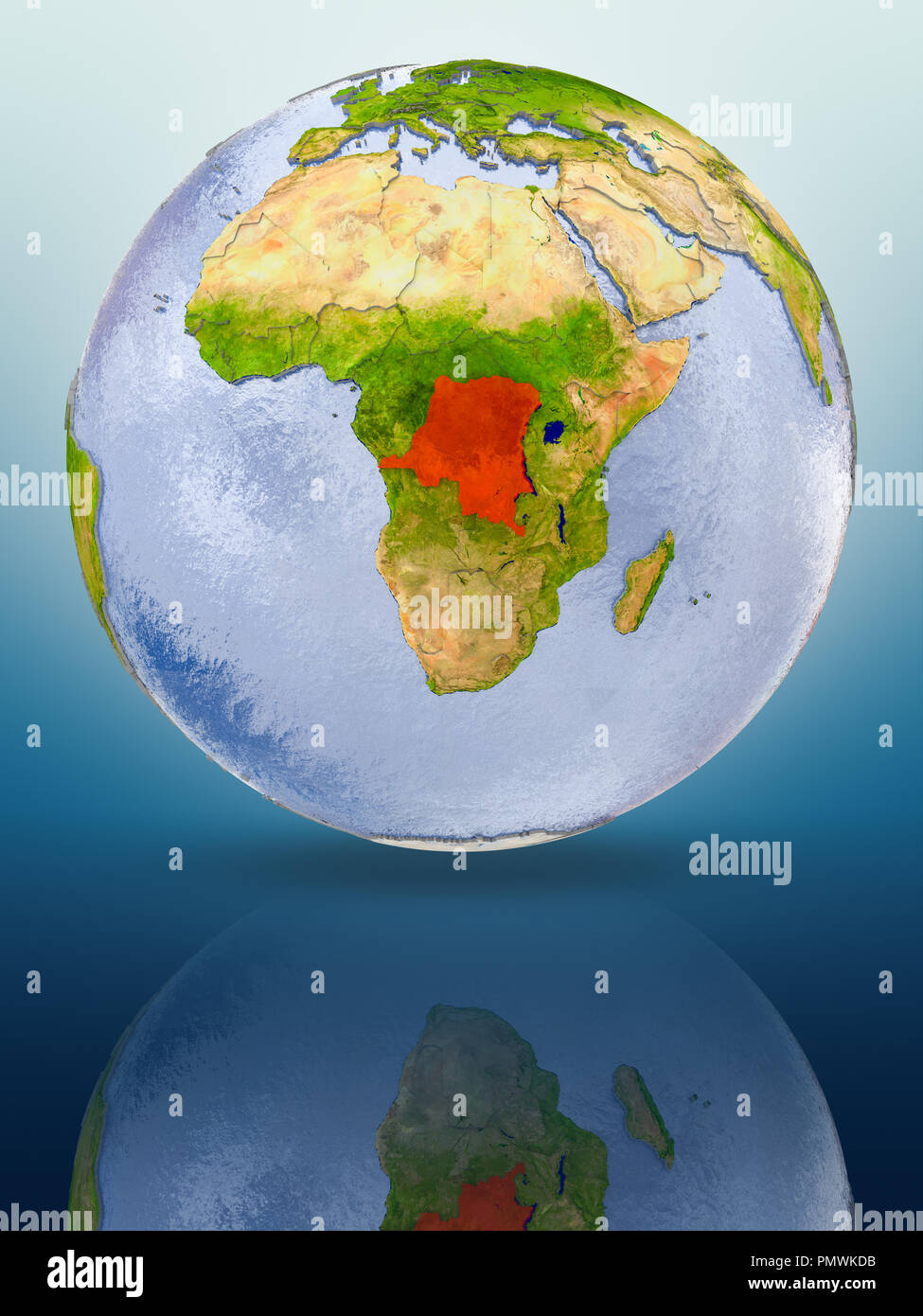 Democratic Republic of Congo In red color on globe reflecting on shiny ...