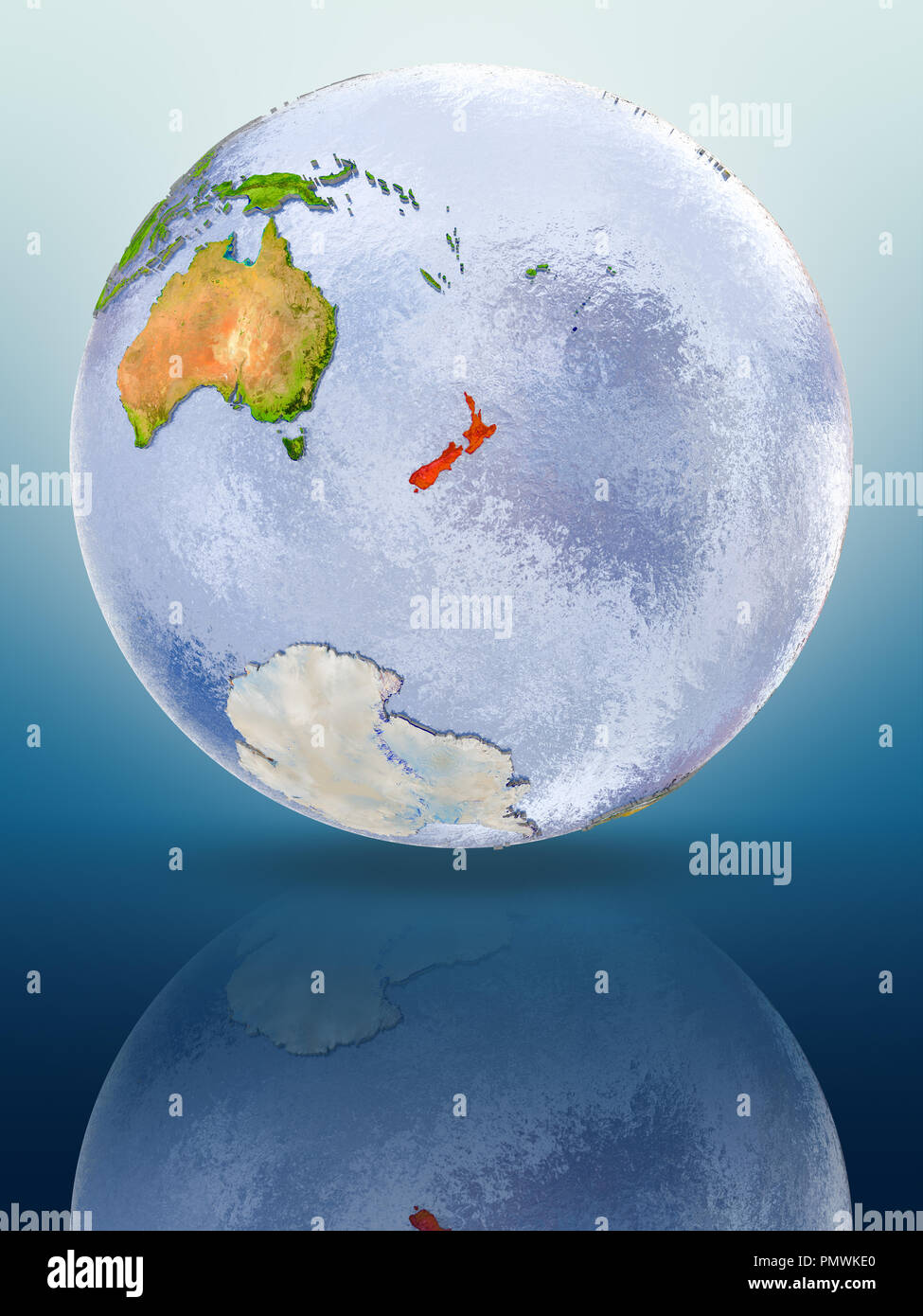 New Zealand In red color on globe reflecting on shiny surface. 3D ...