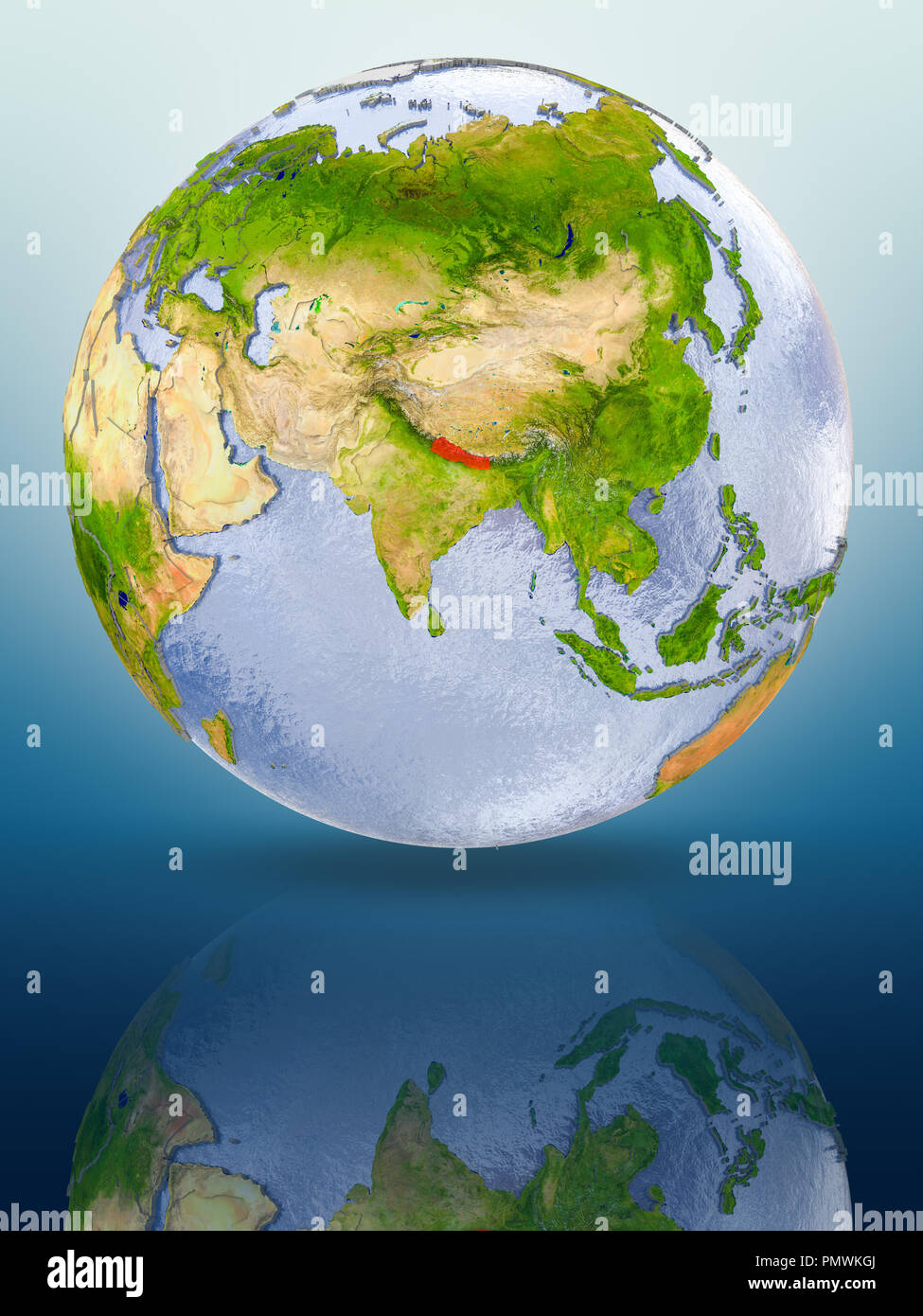 Nepal In red color on globe reflecting on shiny surface. 3D ...