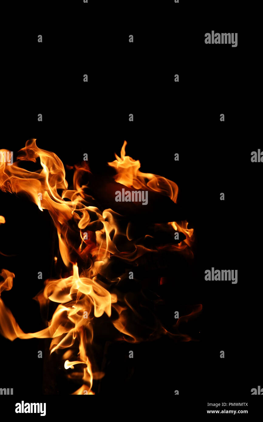 Tongues of flame of fire of orange-yellow color from burning fir Stock ...