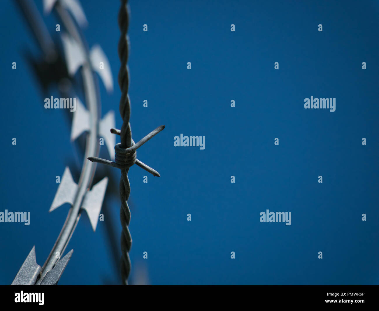 A pointy barbed wire and a sharp blade wire with blue sky as background ...