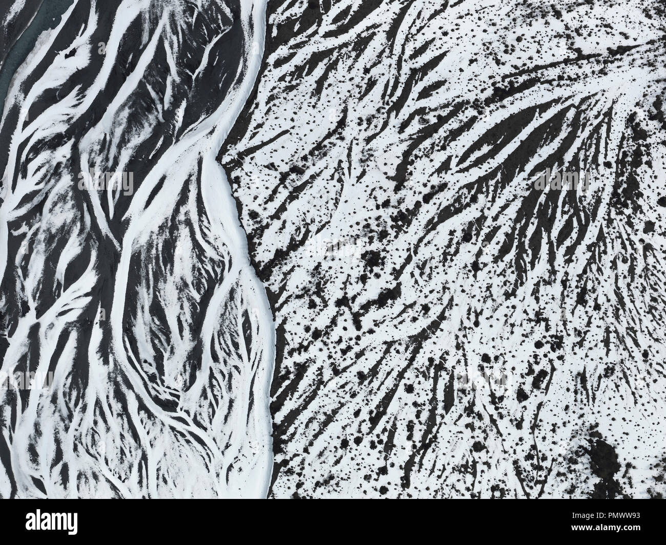 Aerial view patterns in snow of Colony Glacier, Knik Valley, Anchorage ...