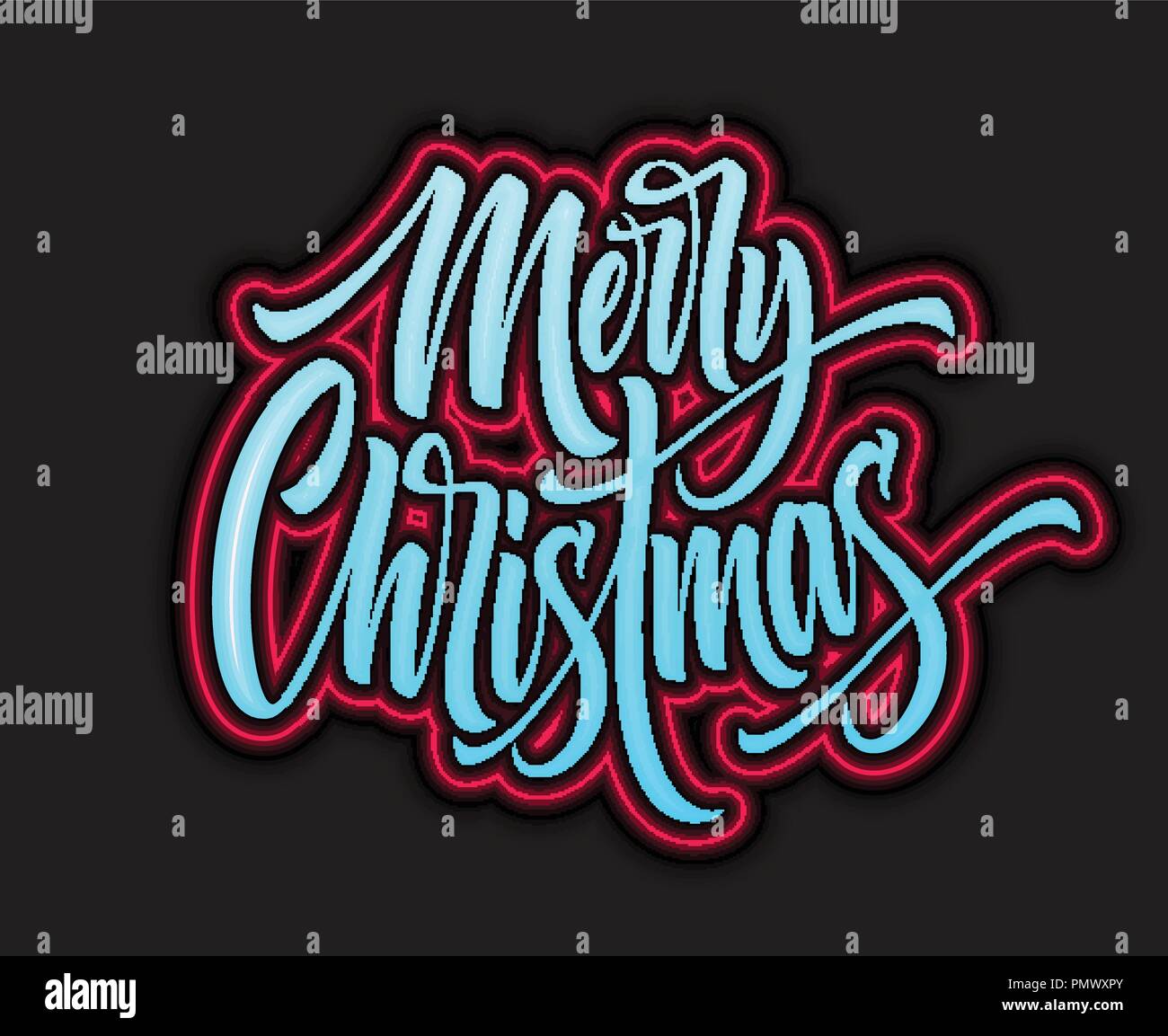 Merry Christmas hand lettering with neon outline Stock Vector Image ...