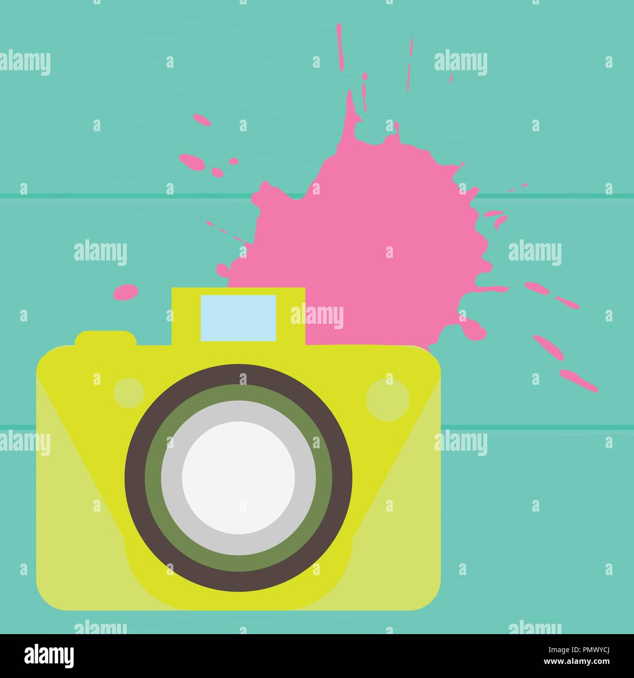 Vector illustration. The old-fashioned color camera. Flat style. Splash ...