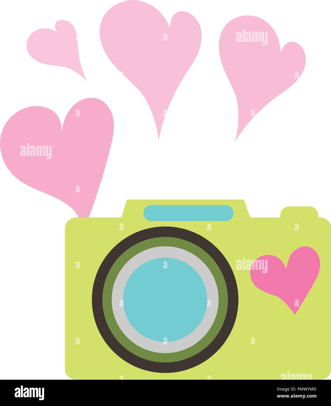 Vector illustration. The old-fashioned color camera. Flat style. hearts ...