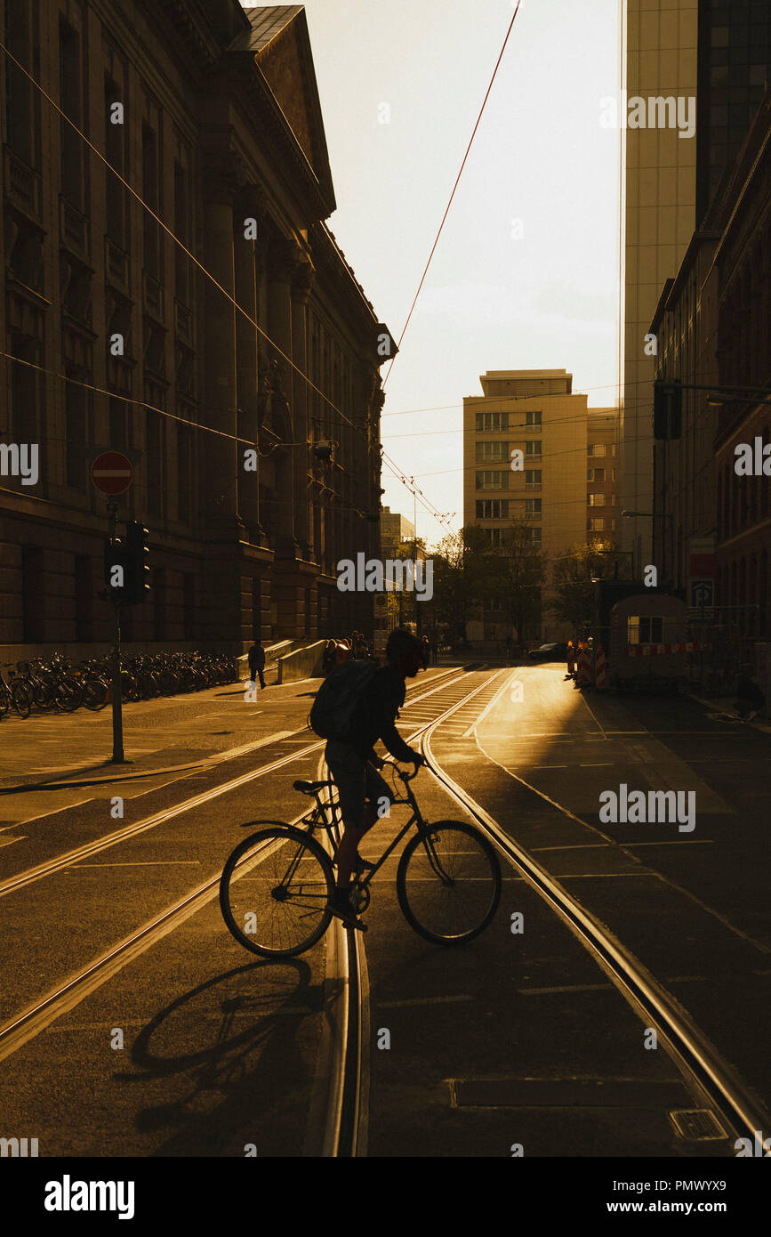 Commuter biking on sunny urban street, Berlin, Germany Stock Photo - Alamy