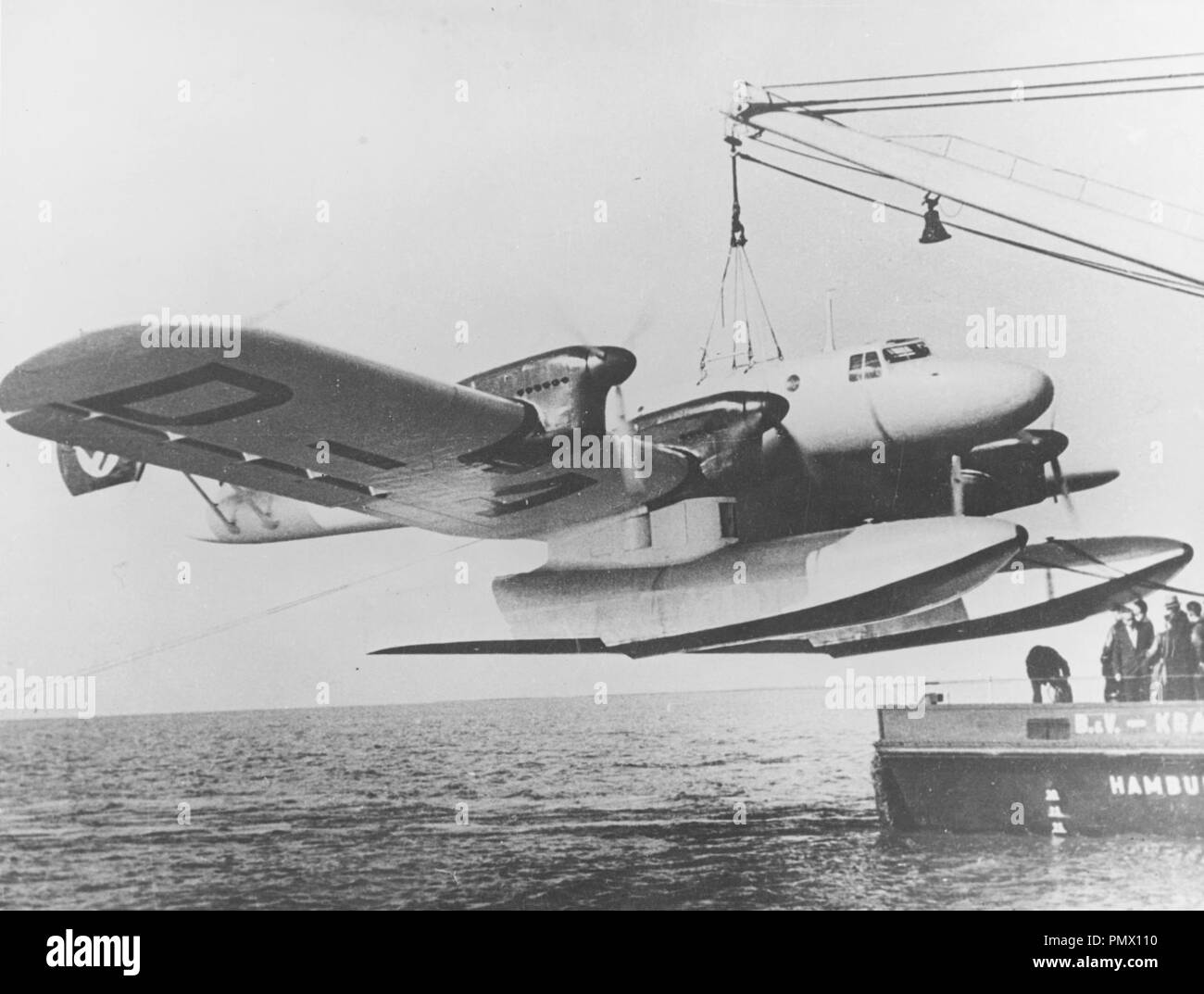 Blohm & Voss Ha 139 floatplane being lifted by a crane c1937 Stock ...