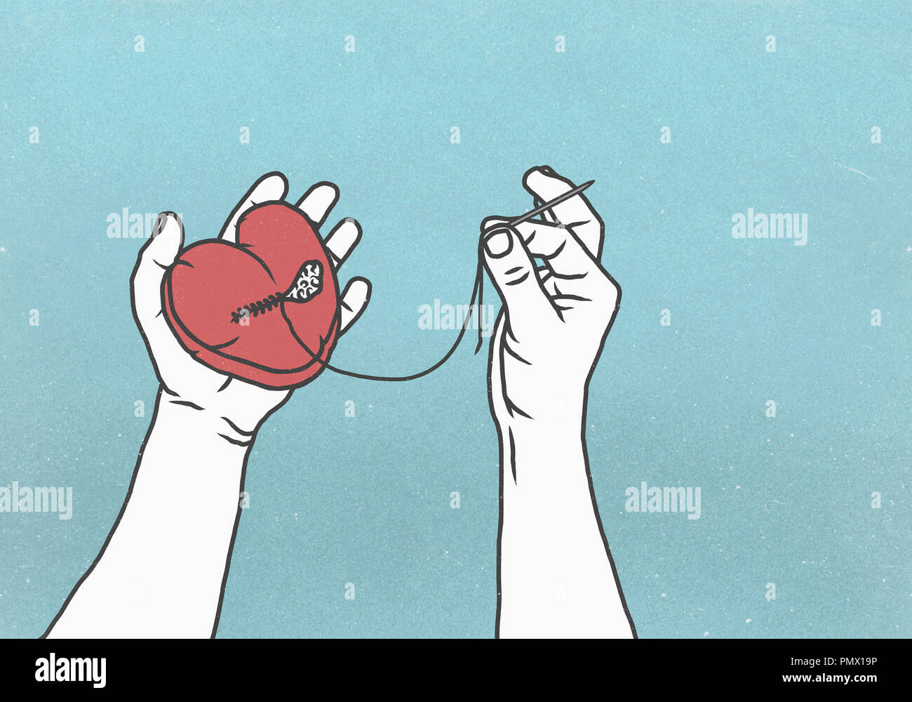 Hands sewing broken heart with needle and thread Stock Photo - Alamy