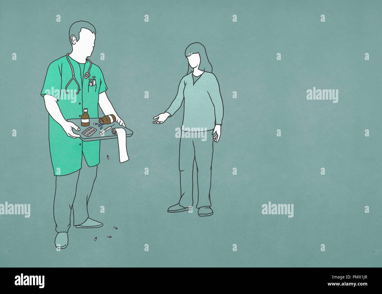 Patient reaching for doctor with tray of medicine and equipment Stock ...