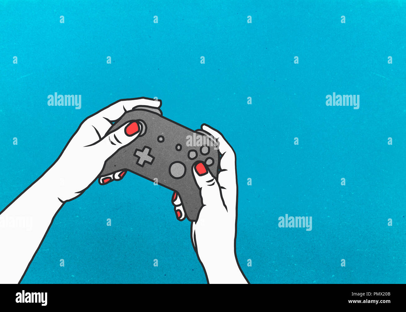 Woman playing video game with video game controller on blue background ...