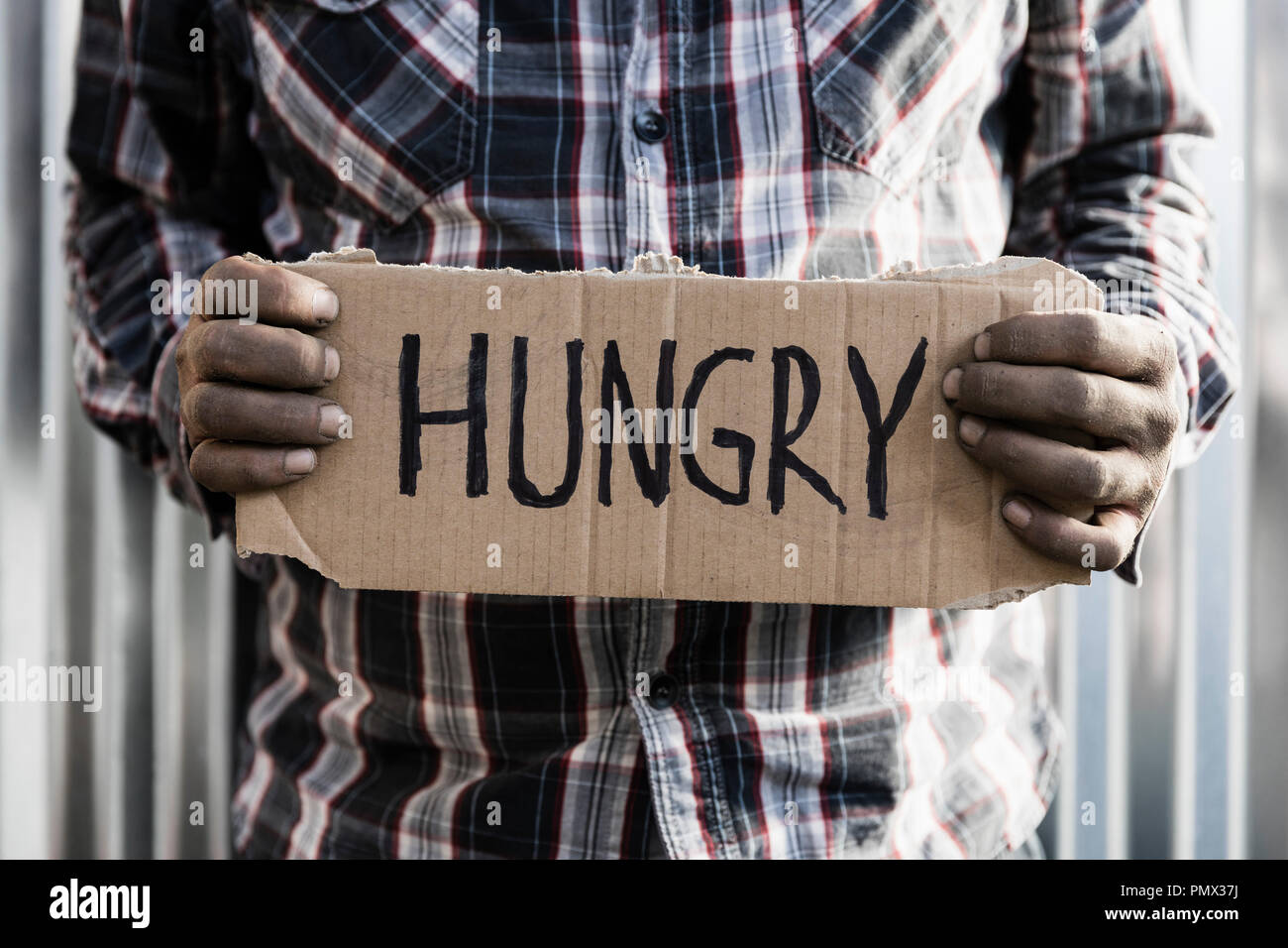 Homeless man holding cardboard sign hi-res stock photography and images - Alamy