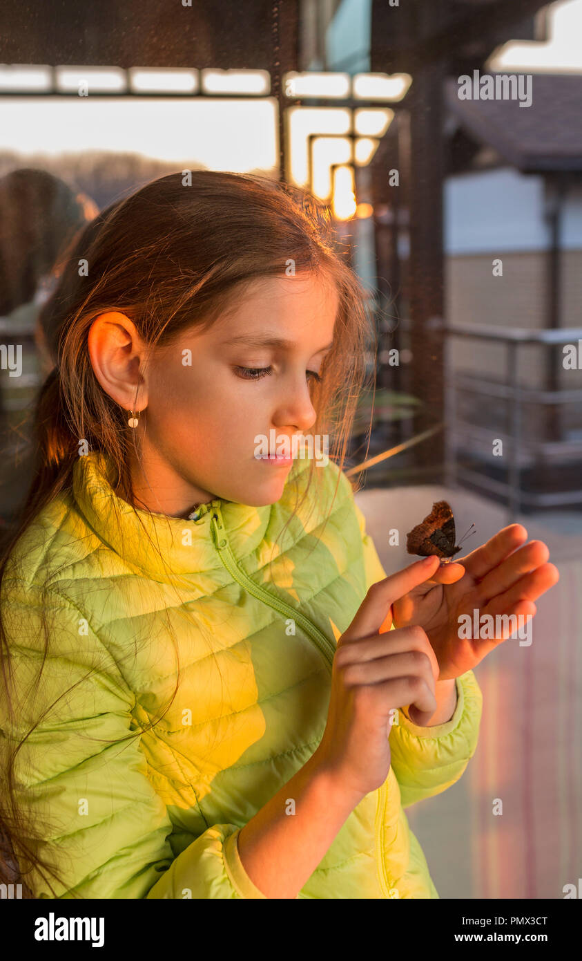 Curious girl watching butterfly on finger Stock Photo - Alamy