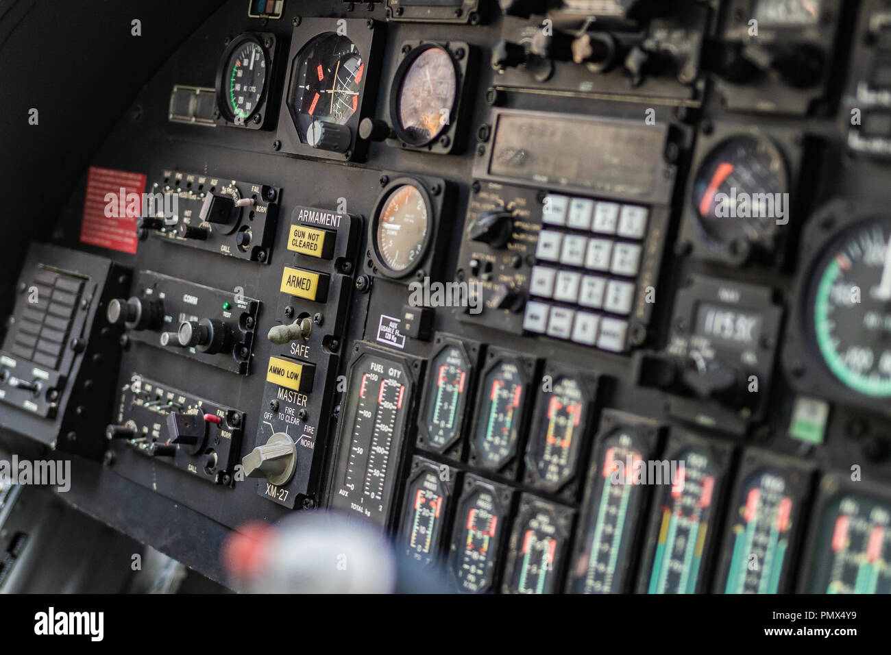 Control dashboard and panel inside an aircrafts's cockpit, details of ...