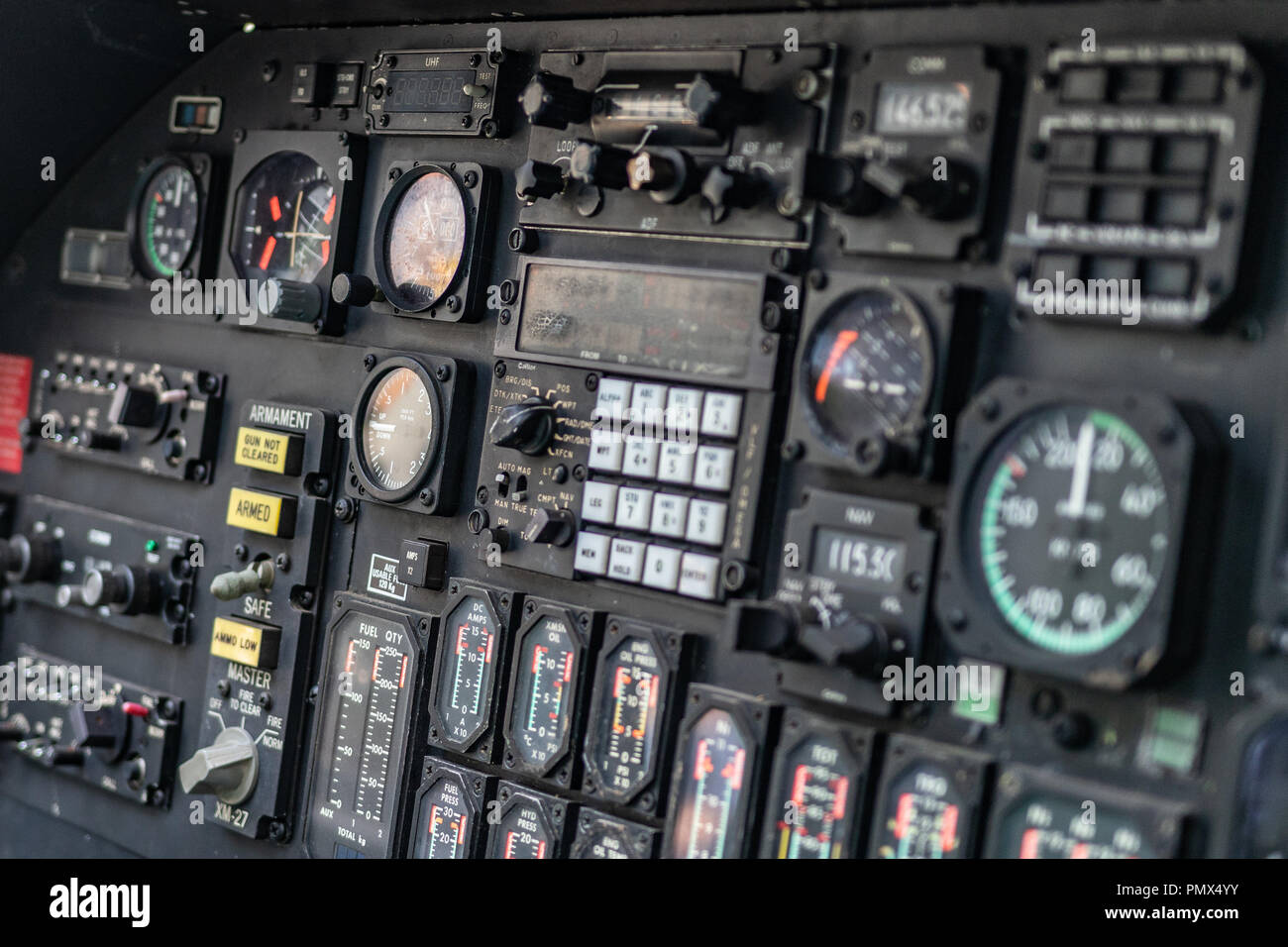Control dashboard and panel inside an aircrafts's cockpit, details of ...