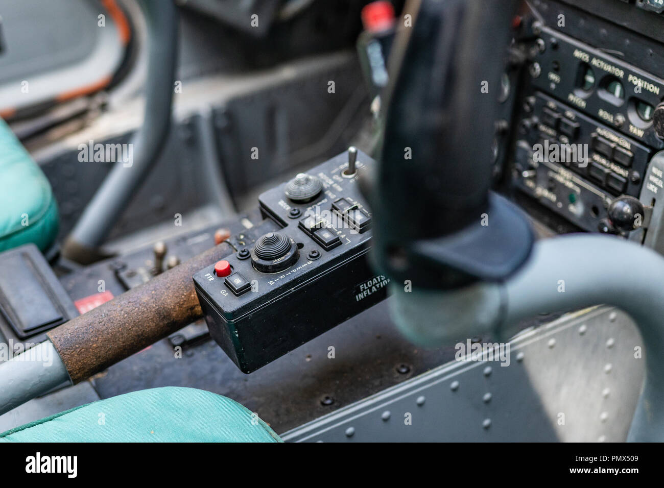 Details inside piloting cabin of a bomb carrier. Ejection seat and ...