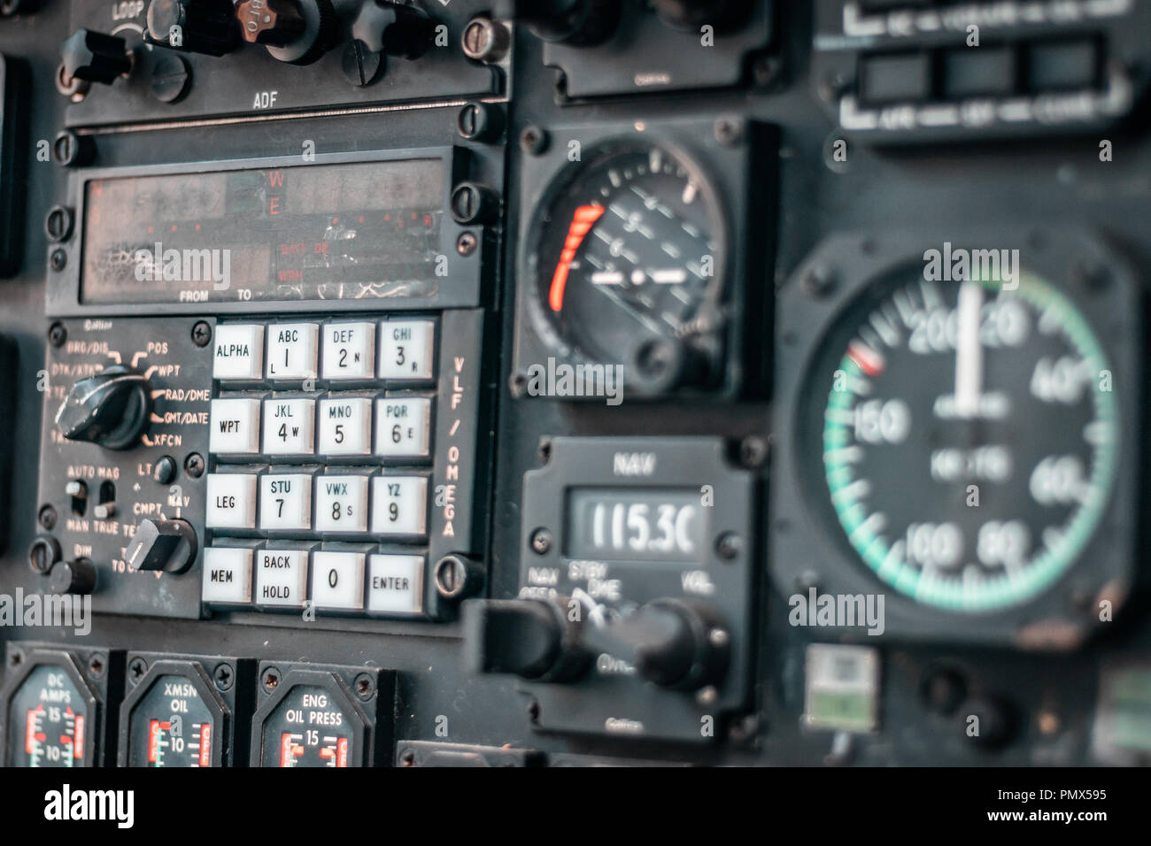 Control dashboard and panel inside an aircrafts's cockpit, details of ...