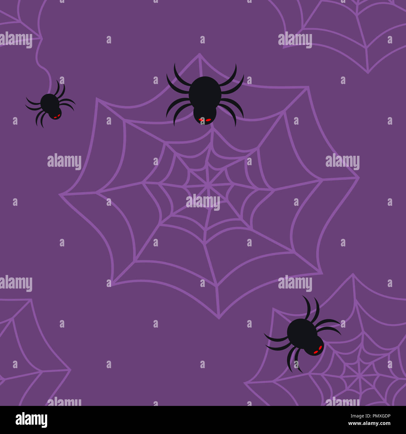 Seamless pattern of black spider with red eyes and purple spider web on ...