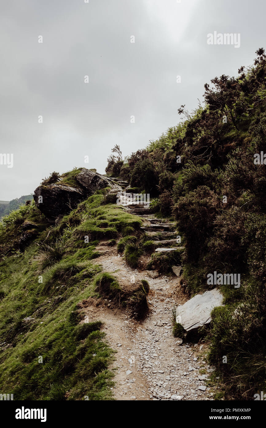 Hiking the landscape by Pistyll Rhaeadr waterfall in North Wales Stock ...