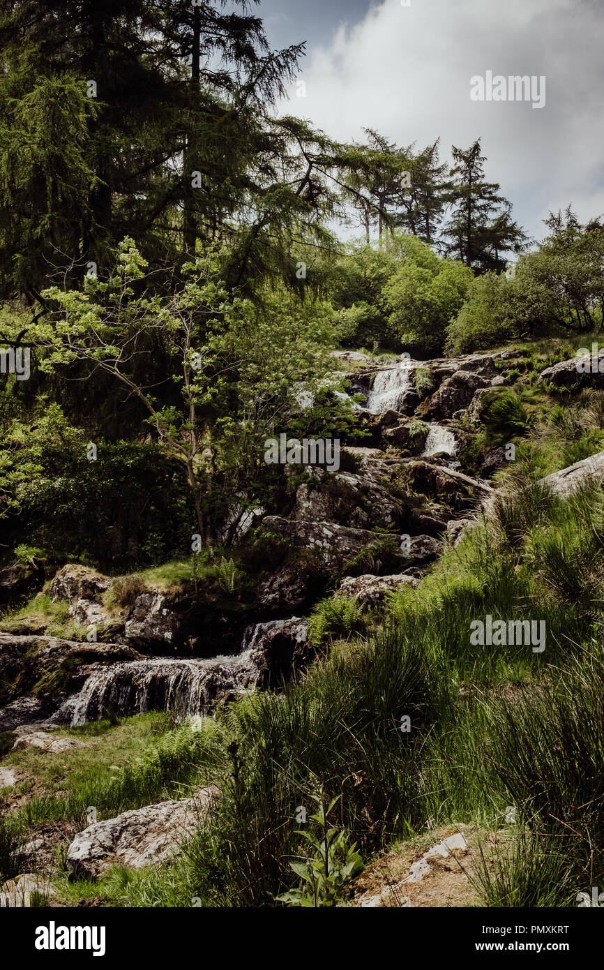 Hiking the landscape by Pistyll Rhaeadr waterfall in North Wales Stock ...