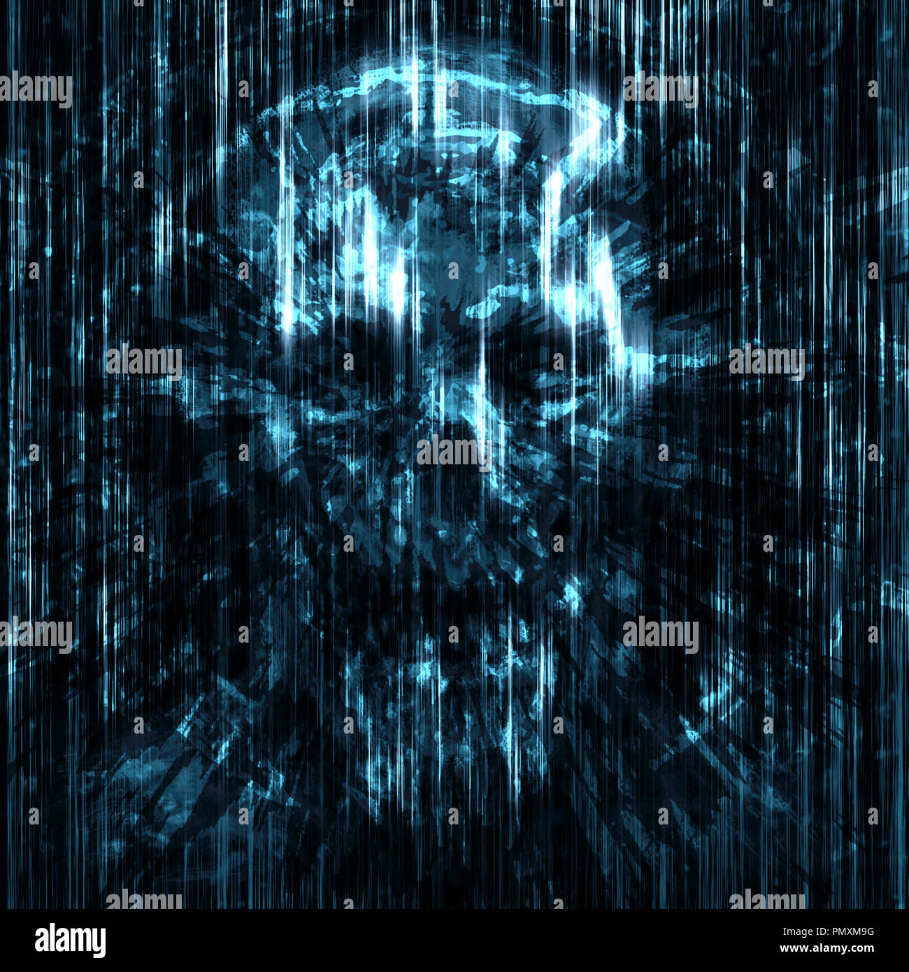 Terrible skull background into small debris. Blue color Stock Photo - Alamy