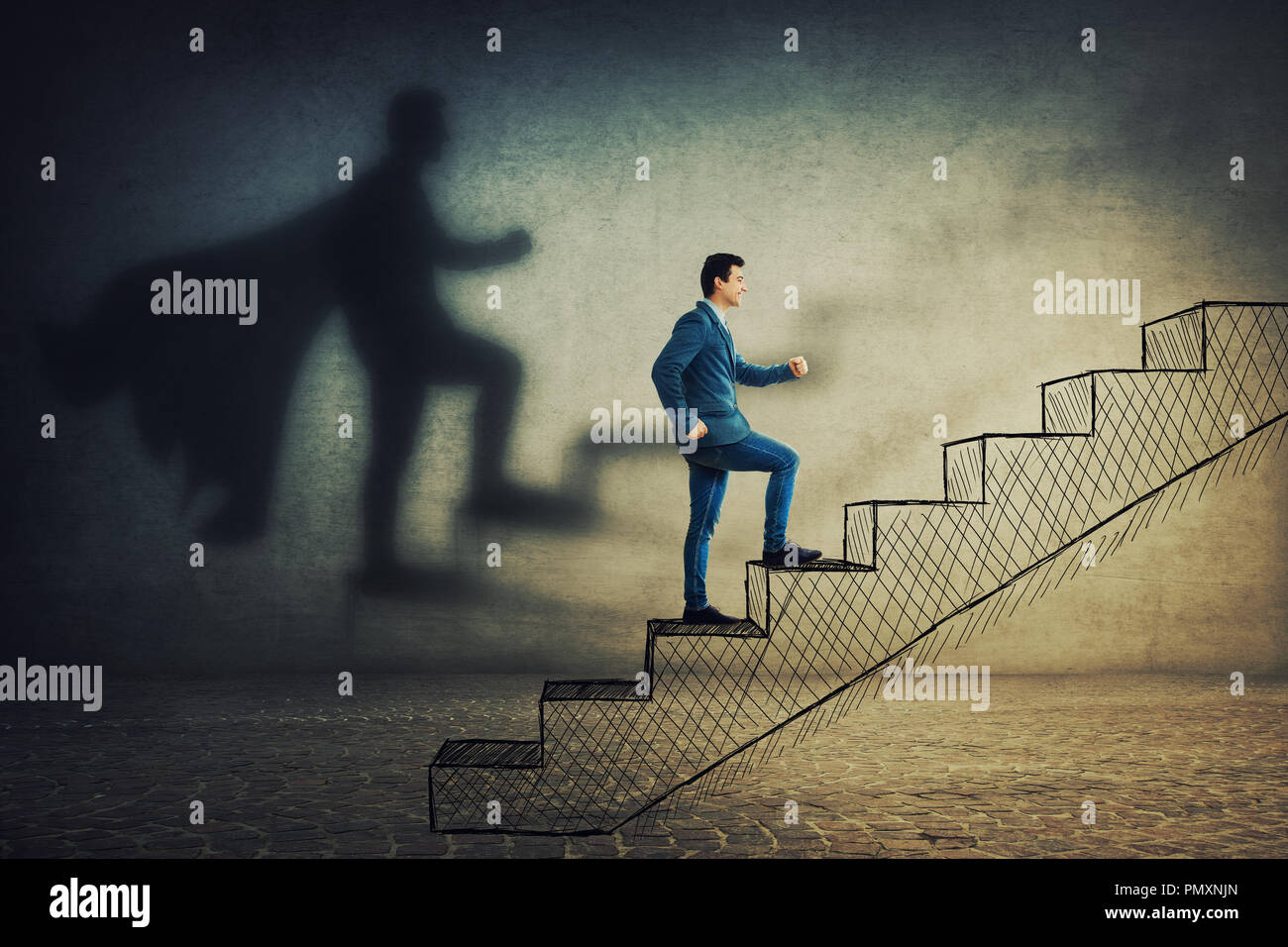 Happy businessman in suit climb a stairway with aspiration of becoming ...