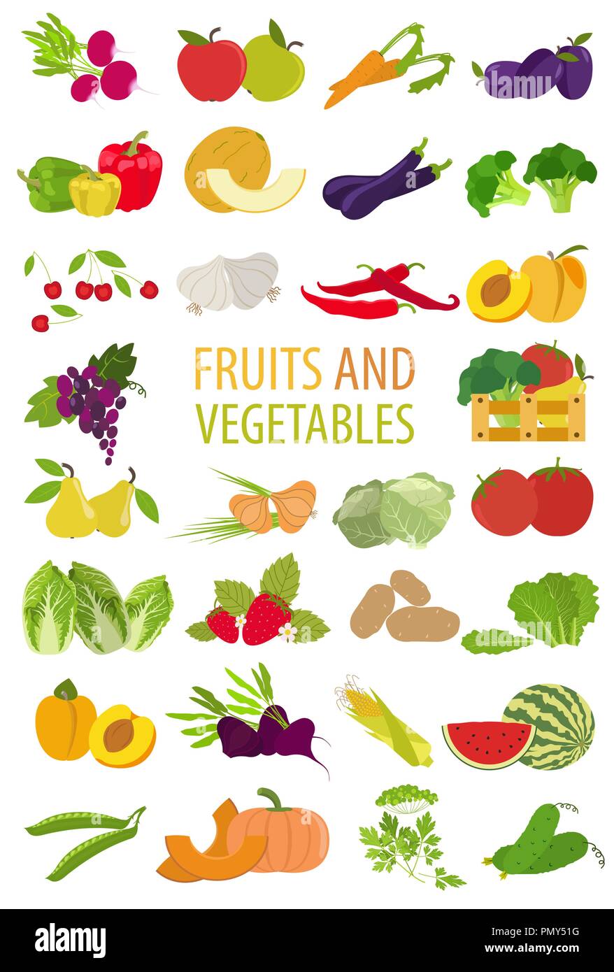 Fruits and vegetables. Nutrition. Icon set. Vector illustration Stock ...