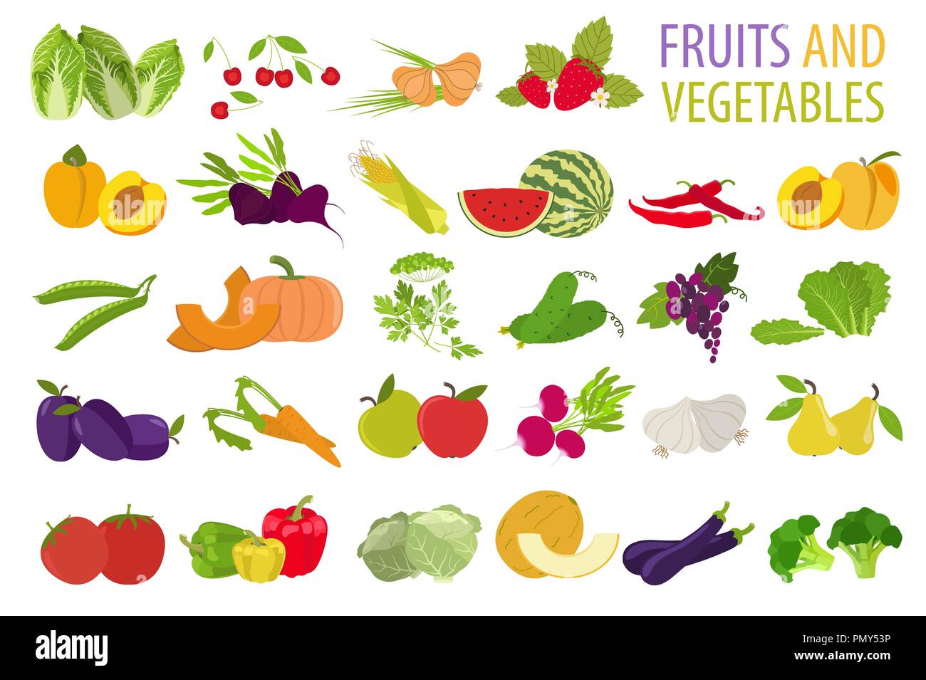 Fruits and vegetables. Nutrition. Icon set. Vector illustration Stock ...