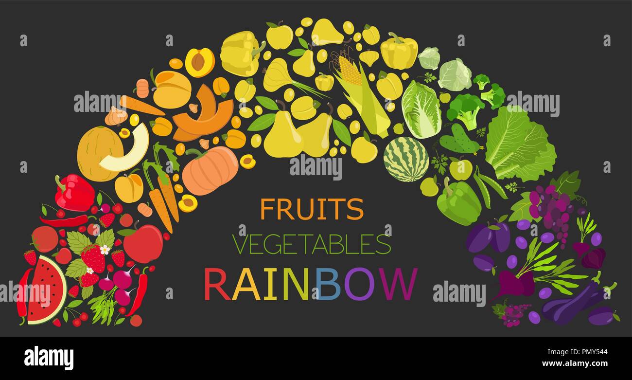 Fruits and vegetables. Nutrition rainbow. Icon set. Vector illustration ...