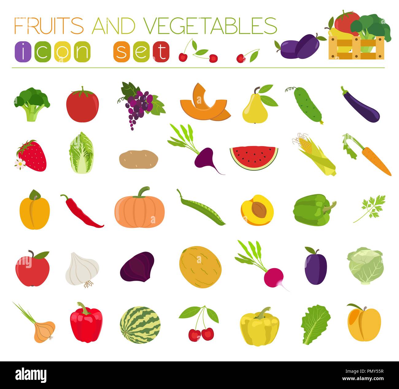 Fruits and vegetables. Nutrition. Icon set. Vector illustration Stock ...