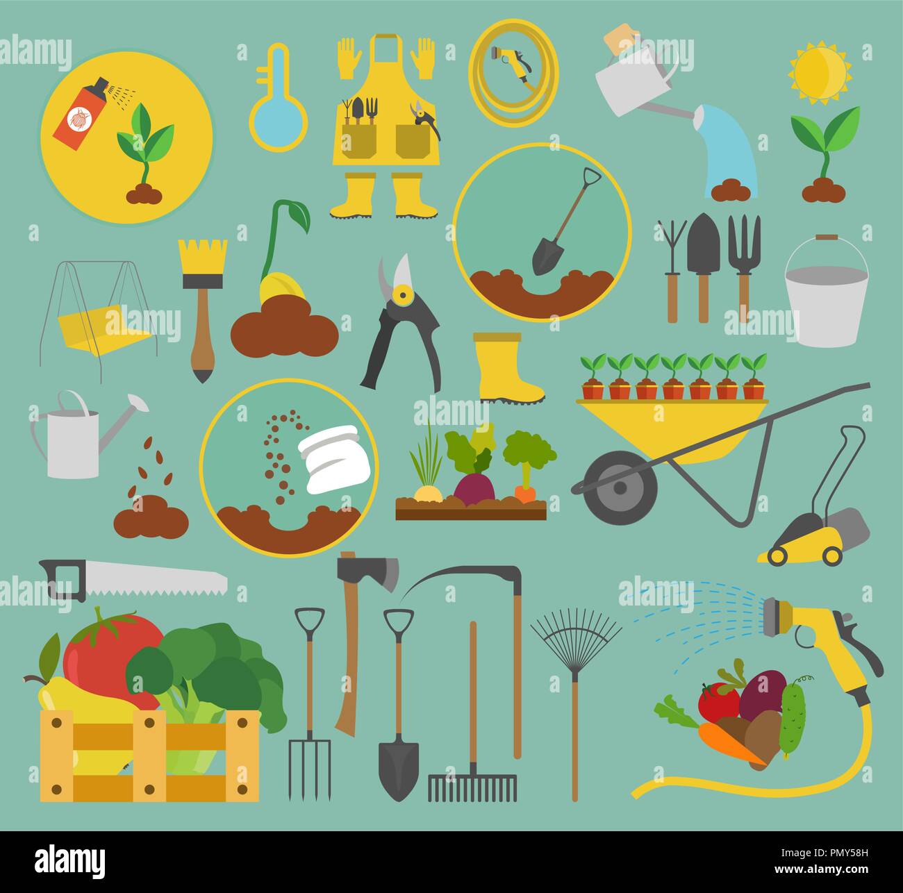 Gardening work, farming icon set. Flat style design. Vector ...