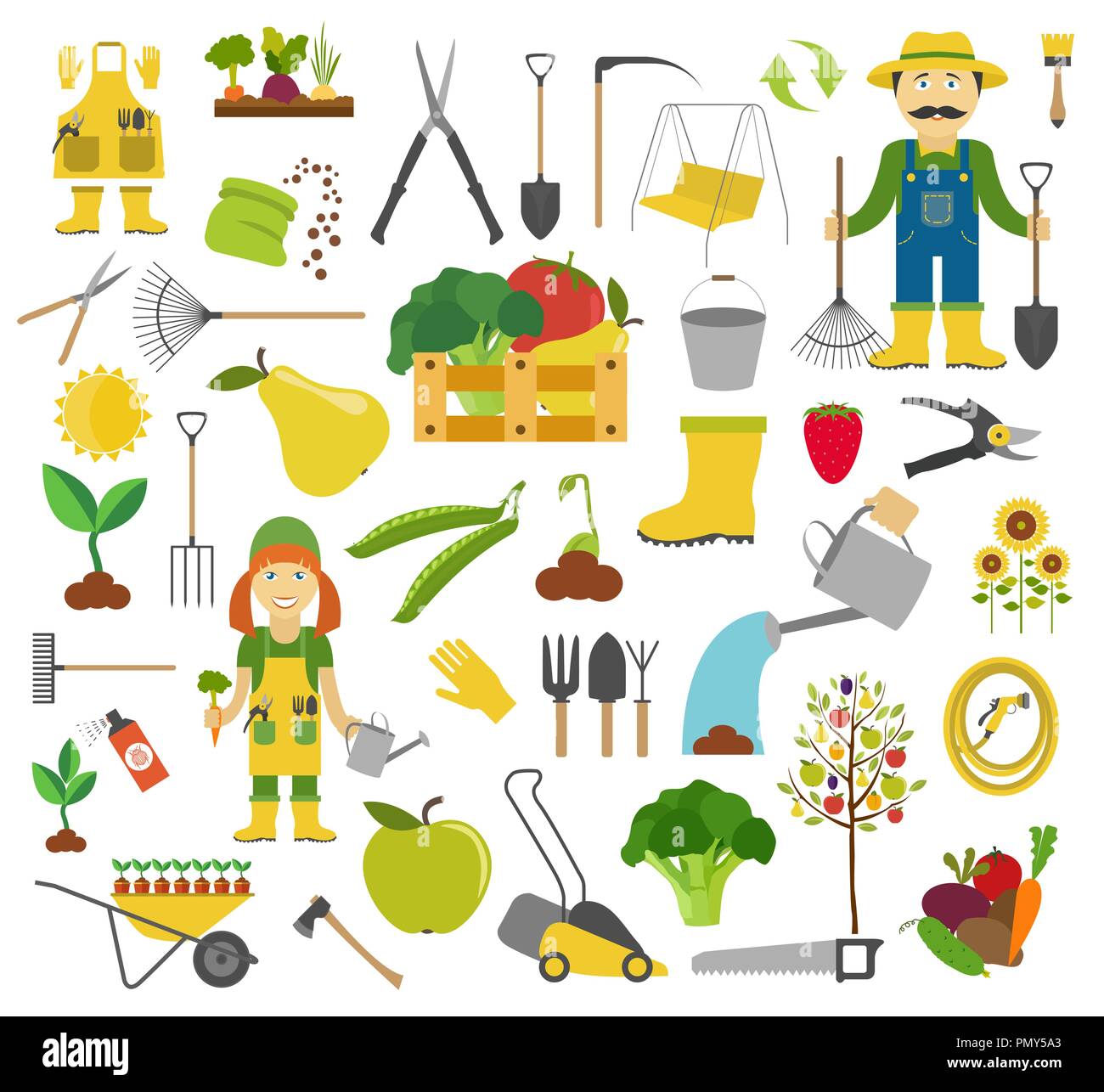 Gardening work, farming icon set. Flat style design. Vector ...