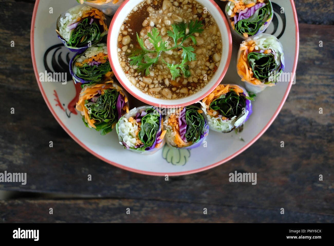 asian vegetable spring roll & dipping sauce. vegetarian snack food ...