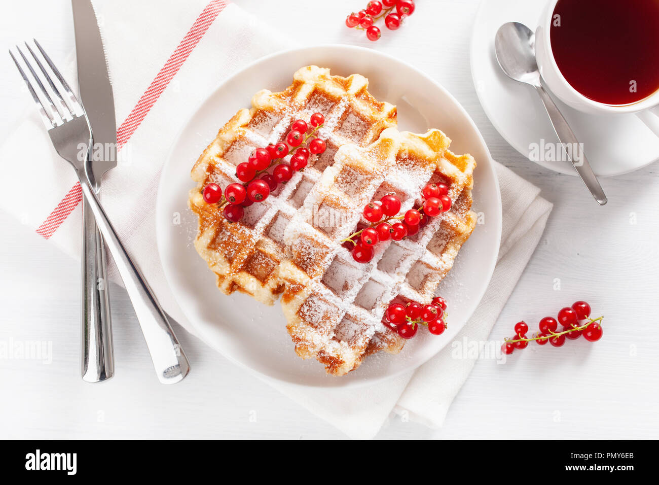 breakfast with waffle, berry and tea Stock Photo - Alamy