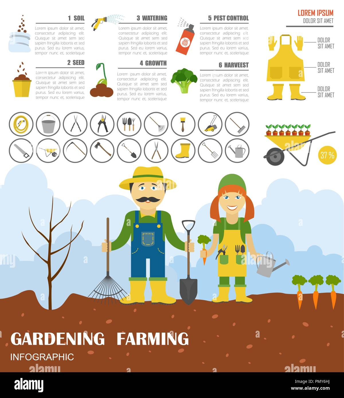 Gardening work, farming infographic. Graphic template. Flat style ...