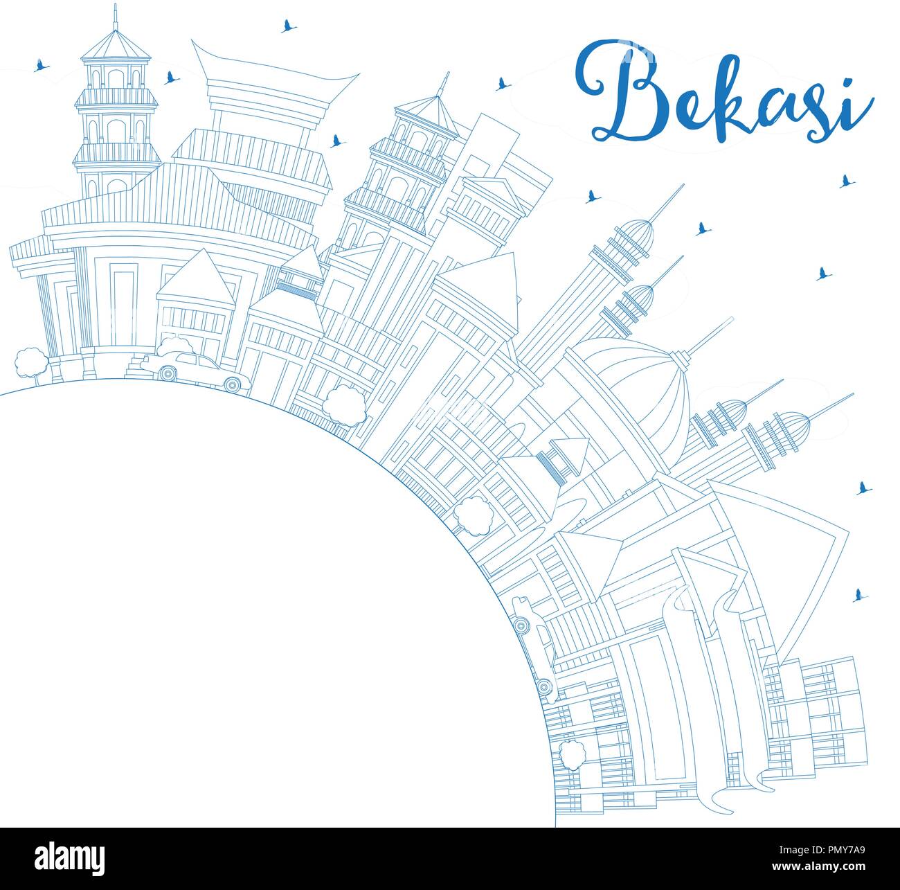 Outline Bekasi Indonesia City Skyline with Blue Buildings and Copy ...